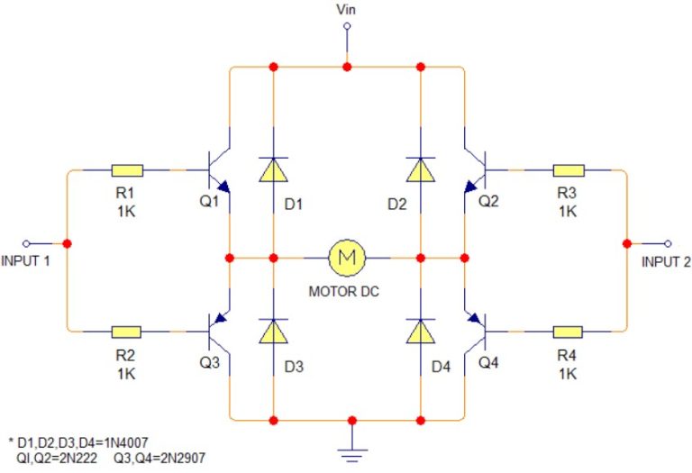 √ Skema Rangkaian Driver Motor DC H-Bridge Menggunakan Transistor